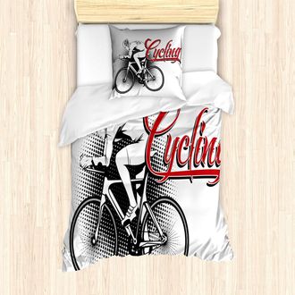 Abakuhaus Modern Bettbezug Set für Einzelbetten, Radfahren Mann-Sport-Fahrrad, Milbensicher Allergiker geeignet mit Kissenbezug, Schwarz Weiß Rot
