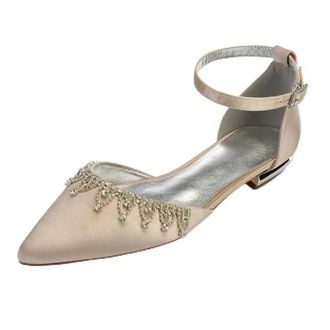 Generic Satin Chaussures De Mariage Mari&eacute;e Bout Pointu &Eacute;t&eacute; Plates Mariage Soir&eacute;e Chaussures Femmes 2Cm,Champagne,39 EU