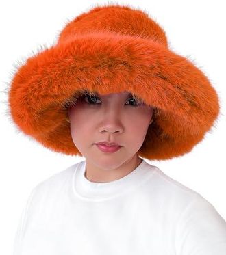 Lina & Lily Grand Chapeau Bob Hiver Femme à Larges Bords en Fausse Fourrure Poils Longs (Orange)