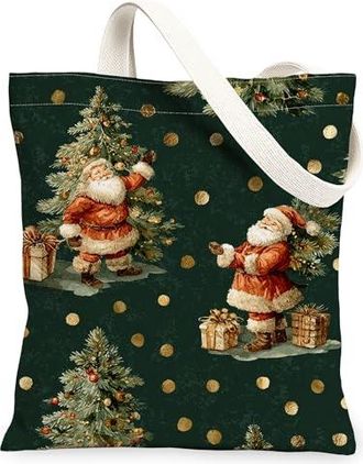 Generic Sacs fourre-tout en toile de No&euml;l, motif P&egrave;re No&euml;l vintage, sacs de courses r&eacute;utilisables, festifs, r&eacute;tro, vacances, l&eacute;gers et lavables, Vert, 13x15 I