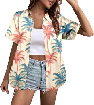Generic Chemise hawa&iuml;enne &agrave; manches courtes pour femme, motif palmier, plage, cara&iuml;bes, croisi&egrave;res tropicales, v&ecirc;tements cubains d&eacute;contract&eacute;s, v&ecirc;tements de va