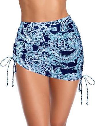 SHEKINI Maillot de Bain Élégant pour Femme - Jupe Courte avec Bas de Bikini Intégré - Cordon de Serrage - Natation et Plage - Rayures Rétro, S