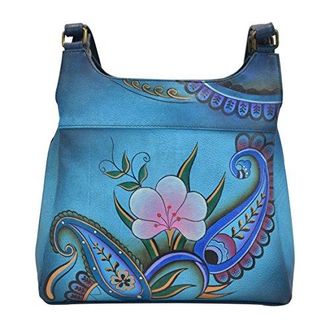 Anuschka Womens Hand-Painted Leather Triple Compartment Satchel, Sac à Main en Cuir véritable Femme, Denim Paisley Floral, Einheitsgröße