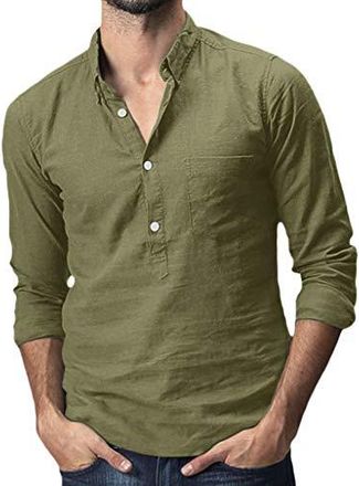 Generic Chemise en coton et lin pour homme - Hauts de sport 2026 - Col en lin - T-shirts solides avec poche ample et manches longues rabattables - Tunique pou