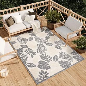 Tapiso Viera Tapis Ext&eacute;rieur Int&eacute;rieur Terrasse Balcon Jardin dhiver Cuisine Moderne Gris Beige Cr&egrave;me Feuilles Monstera Effet 3D R&eacute;sistant aux Intemp&eacute;ries Oe