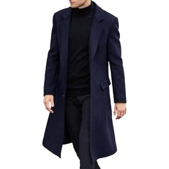 Generic Manteau long d&eacute;contract&eacute; &agrave; col crant&eacute; pour homme, coupe ajust&eacute;e, long manteau thermique &agrave; simple boutonnage, bleu, 3XL
