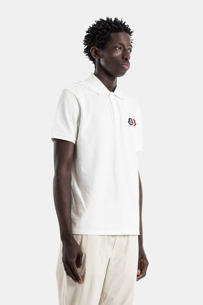 Moncler Mens Ivory White Cotton Piqu&eacute; Polo Shirt With Double Chest Tricolor Logo Patch T-Shirts And Polos