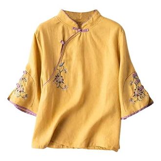 Generic Vimoli Chemisier Femme Vintage Style Ethnique Broderie Imprim&eacute; Floral Haut &agrave; Manches Courtes D&Eacute;t&eacute; D&eacute;contract&eacute;e Col en V Boutons Tunique Top T-Shirt Ch