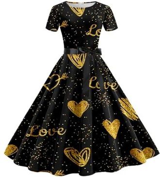 Generic 2026 Robe de soir&eacute;e &agrave; manches courtes pour femme avec imprim&eacute; Saint-Valentin ann&eacute;es 1950, dor&eacute;, XXL