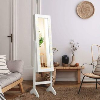 Costway Armoire &agrave; Bijoux sur Pied avec 18 led, Angle R&eacute;glable,Doublure en Velours Doux 35 &times; 31,5 x 145 cm Blanc - Costway