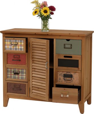 Mendler Apothekerkommode HWC-O63, Schrank Schubladen Etikettenhalter Vintage Shabby Fensterladen 80x91x40cm - Korpus Natur