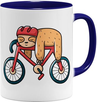 OM3 lustige Faultier Kaffee-Tasse Fahrrad - Witzige Geschenkidee f&uuml;r Radfahrer & Fahrradliebhaber - Keramik Becher - 325ml - Beidseitig Bedruckt - Dunkelb