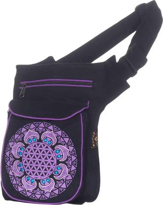Kunst und Magie H&uuml;fttasche Bauchtasche G&uuml;rteltasche Bauchgurt Festivaltasche Blume des Lebens, Farbe:Schwarz/Lila