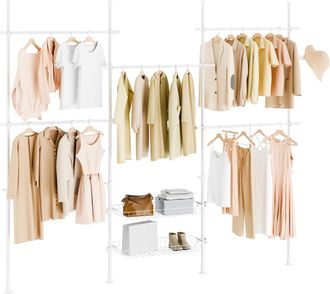 SoBuy Teleskop Kleiderst&auml;nder, robuster Kleiderstange, verstellbarer offener Kleiderschrank mit Ablagen f&uuml;r Schlafzimmer, Garderobenst&auml;nder, Wei&szlig; KLS04-II-W