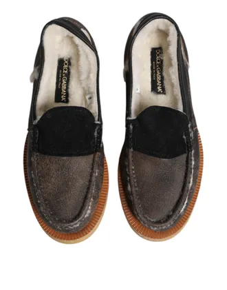 Dolce & Gabbana Mens Brown White Calfskin Leather Loafers Shoes Fur Calf