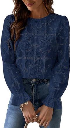 Cupshe Chemisier à manches longues pour femme en broderie perforée avec motif floral, élégant col rond pour femme avec manches bouffantes, bleu foncé, XXL