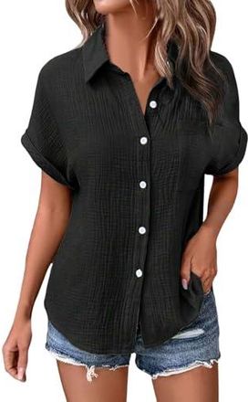 Generic Chemisier pour Femmes Coton Et Lin Respirant Chic Et Élégant Chemisiers Et Blouses Ete Leger Décontracté Blouse Manches Courtes T-Shirts De Couleur Pu