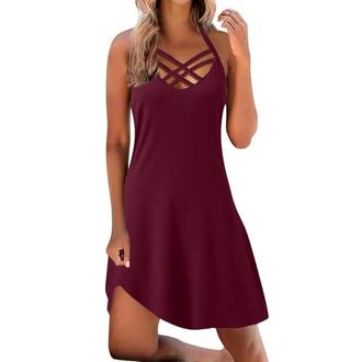 Generic Robe d&eacute;t&eacute; pour femme printemps et &eacute;t&eacute; couleur unie mode d&eacute;contract&eacute;e robe de plage, Bordeaux, XXL