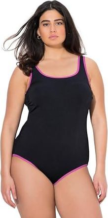 Ulla Popken Femme Grandes Tailles Maillot de Bain, passepoils colorés, sans Bonnets Souples, col Rond Noir 50+ 837723100-50+