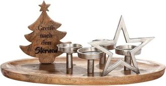 Gilde Deko gro&szlig;er Adventsleuchter XL Kerzenhalter 4 Flammig Holz - Leuchter f&uuml;r 4 Kerzen mit Deko Stern Tannenbaum mit Spruch - Breite 50 cm