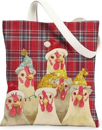 Generic Sacs fourre-tout festifs en toile motif volaille de vacances, sacs r&eacute;utilisables, vintage &agrave; carreaux l&eacute;gers et lavables en toile pour les voyages, Rou