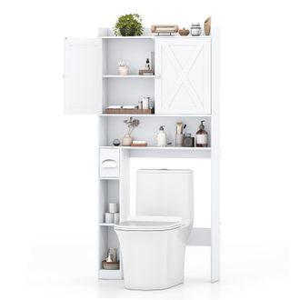Giantex Toilettenschrank f&uuml;r Badezimmer, &Uuml;berbauschrank mit 2 Fl&uuml;gelt&uuml;ren, verstellbare Regale & Toilettenpapierf&auml;cher, platzsparender WC Schrank &uuml;ber Toilett
