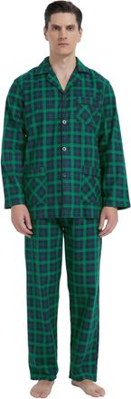 Global Herren Schlafanzug Flanell Pyjama Set Lang Baumwolle Zweiteilige Nachtw&auml;sche Loungewear Schlafanzughose Mit Gummizug Und Kordelzug Blau/Gr&uuml;n Kariert X