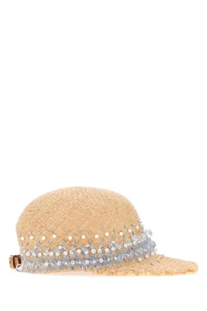Prada Womens Beaded Raffia Baseball Cap Beige