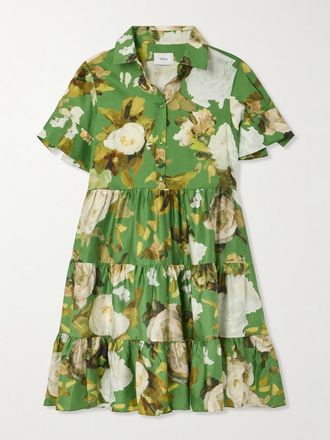 Erdem Mini-robe-chemise En Popeline De Coton À Imprimé Fleuri Et À Fronces - Vert