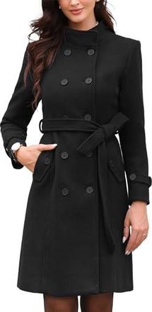 Allegra K Trench-Coat Crois&eacute; Femme Double Boutonnage Col Montant Caban &Eacute;l&eacute;gant Ceintur&eacute; avec Poches Manteau DHiver &agrave; Manches Longues Noir XL