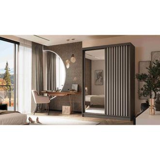 Furnix Kleiderschrank Velarte 150 Schrank Schiebetüren & Spiegel Grau Lamellen Weiß - Furnix