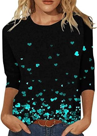 Generic Motif de la s&eacute;rie Saint-Valentin 2026 pour femmes, hauts imprim&eacute;s &agrave; manches trois-quarts et col rond, s, XXL