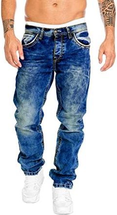 ORANDESIGNE Jeans Coupe Droite pour Hommes Jeans Stretch Coupe Slim Pantalon de Travail Couleur Pure Basique Décontracté Pantalons en Denim B Bleu Foncé XXL