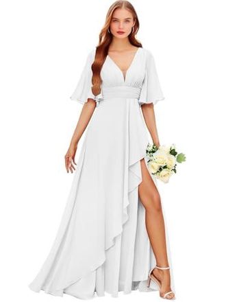 Generic Robe de demoiselle dhonneur en mousseline de soie à manches courtes et col en V pour femme - Robe de soirée formelle longue - Robe de demoiselle dhonn