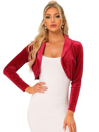 Allegra K Damen Weihnachts-Langarm-Samt-Shrug-Cocktail-Party-Bolero-Cardigan-Top mit offenem Vorderteil und kurzem Schnitt, rot, S