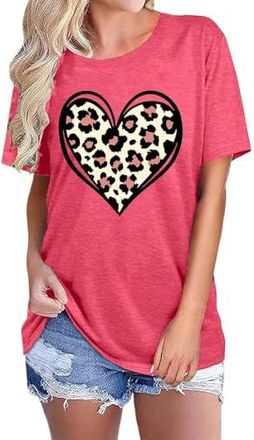 Generic T-shirt d&eacute;contract&eacute; &agrave; manches courtes pour femme avec imprim&eacute; coeur pour la Saint-Valentin 2026, rose vif, XXL