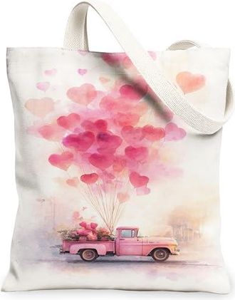 Generic Sacs fourre-tout en toile motif coeur avec ballons, motif camion p&ecirc;che vintage, sacs d&eacute;picerie r&eacute;utilisables, l&eacute;gers et lavables avec bandouli&egrave;re, p&ecirc;c