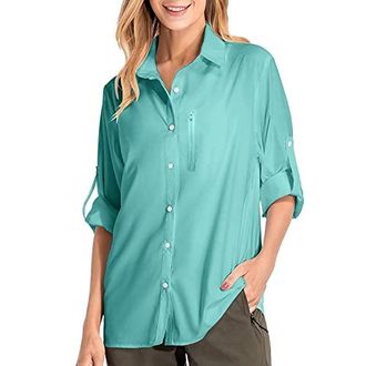 Generic Chemise safari pour femme UPF50+ protection solaire r&eacute;glable &agrave; manches longues pour randonn&eacute;e, marche, p&ecirc;che, chemise fonctionnelle respirante l&eacute;g&egrave;re 