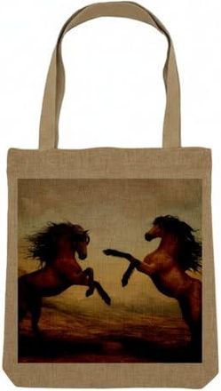 Fabulous Sac Shopping Tote Bag Aspect Lin - Peinture Combat de Chevaux Pur Sang Etalons - Sac de Courses Toile Epaisse 360g Beige Naturel Cabas Port&eacute; Epaule So