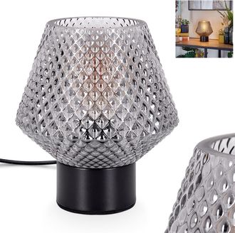 HOFSTEIN Tischleuchte Paderne, Tischlampe aus Metall/Glas in Schwarz/Rauchfarben, Leuchte im modernen Vintage/Retro-Design mit Schirm aus Glas (Ø 15cm) u. An/-