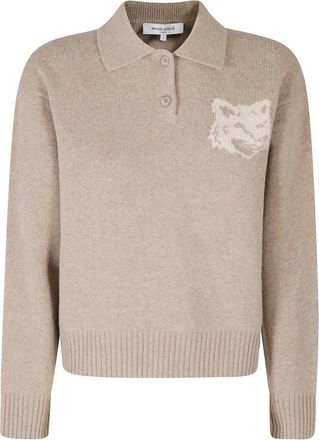 Maison Kitsun&eacute; Pull Polo en Laine M&eacute;rinos avec Fox Head Intarsia - Femme - Pulls - Brun - Taille: 36 FR