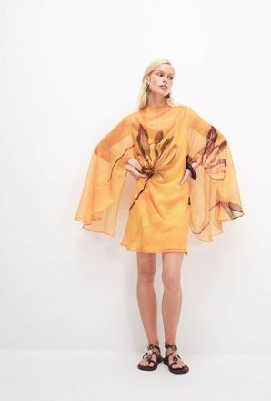 Asos Hochgeschlossenes Minikleid in Gelb mit drapierter Vorderseite, extremen Cape-&Auml;rmeln und platziertem Blumenmuster-Mehrfarbig