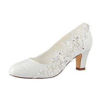 Emily Bridalwear Chaussures de mariée Femmes Soie comme du Satin Talon bottier Escarpins avec Couture Dentelle Une Fleur Cristal Pearl (EU41, Ivory)