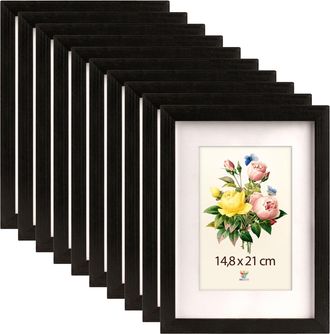 MG Design 10er Bilderrahmen A5 14,8 x 21 cm - Fotorahmen mit Schwarz Hochprofil-Holzrahmen und bruchsicherem Acrylglas, mit Passepartout, Hoch & Quer zum Aufh&auml;n