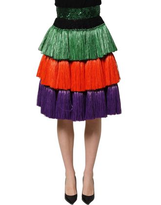 Dolce & Gabbana Womens Multicolor Fringed High Waist Knee Length Skirt Silk