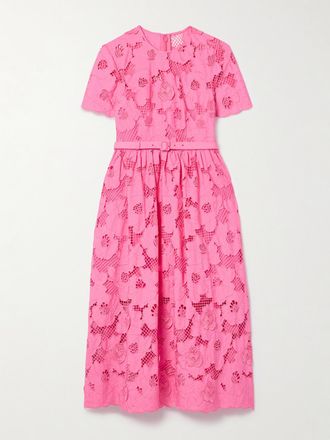 Self Portrait Robe Midi En Dentelle Guipure De Coton Mélangé À Ceinture - Rose