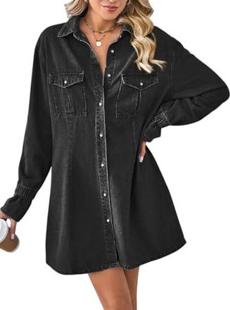 TOMWELL Robe Jean &Eacute;t&eacute; Femme Manches Longues Robe De Plage R&eacute;tro Denim Robes Tourner Le Col D&eacute;contract&eacute;e Couleur Unie Tuniques Ample Chemisier en Jean Mini Rob