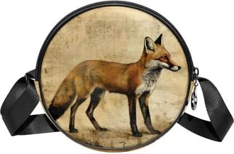 Generic Petit sac &agrave; bandouli&egrave;re rond pour femme, motif renard vintage, avec fermeture &eacute;clair, bretelles r&eacute;glables, sac &agrave; main rond d&eacute;contract&eacute; pour femmes et 
