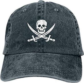 N / A Casquette De Baseball,Pirate Jolly Roger Casquette De Baseball en Détresse Réglable Denim Truck Cap Adulte Noir Snapback Casquette Mode Plain Summer N