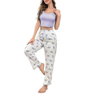 Generic Pyjama Femme Deux Pièces Ensemble Décontracté Cami sans Manches Imprimé Pantalon Taille Haute Color Block Tenue de Nuit Moderne
